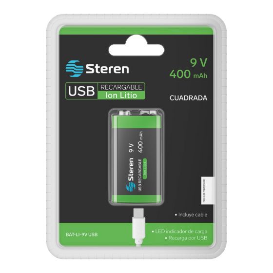 Batería recargable USB Li-Ion 9V, 400 mAh - Ideal para